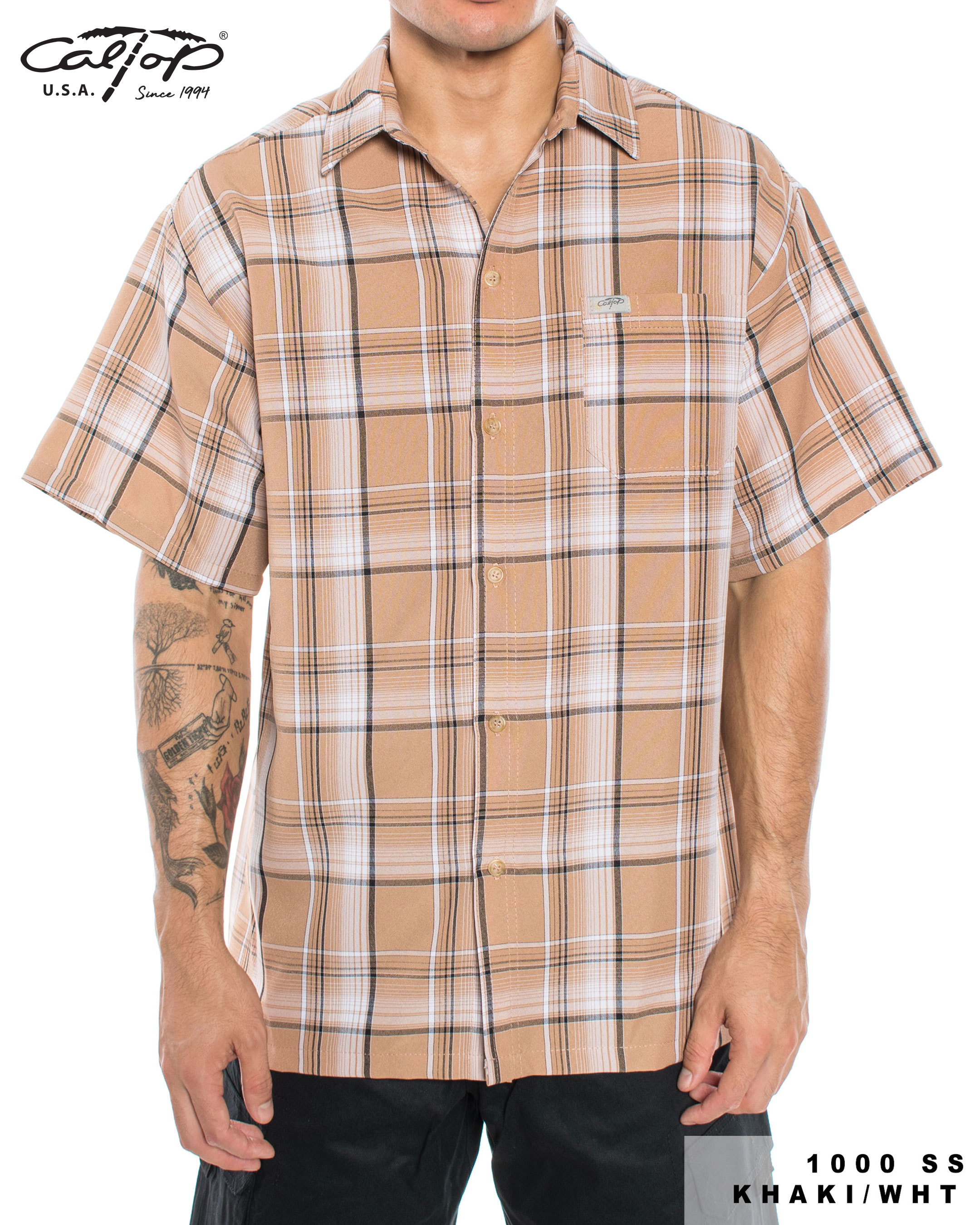 1000 Short Sleeve Plaid Color Base, Khaki, White