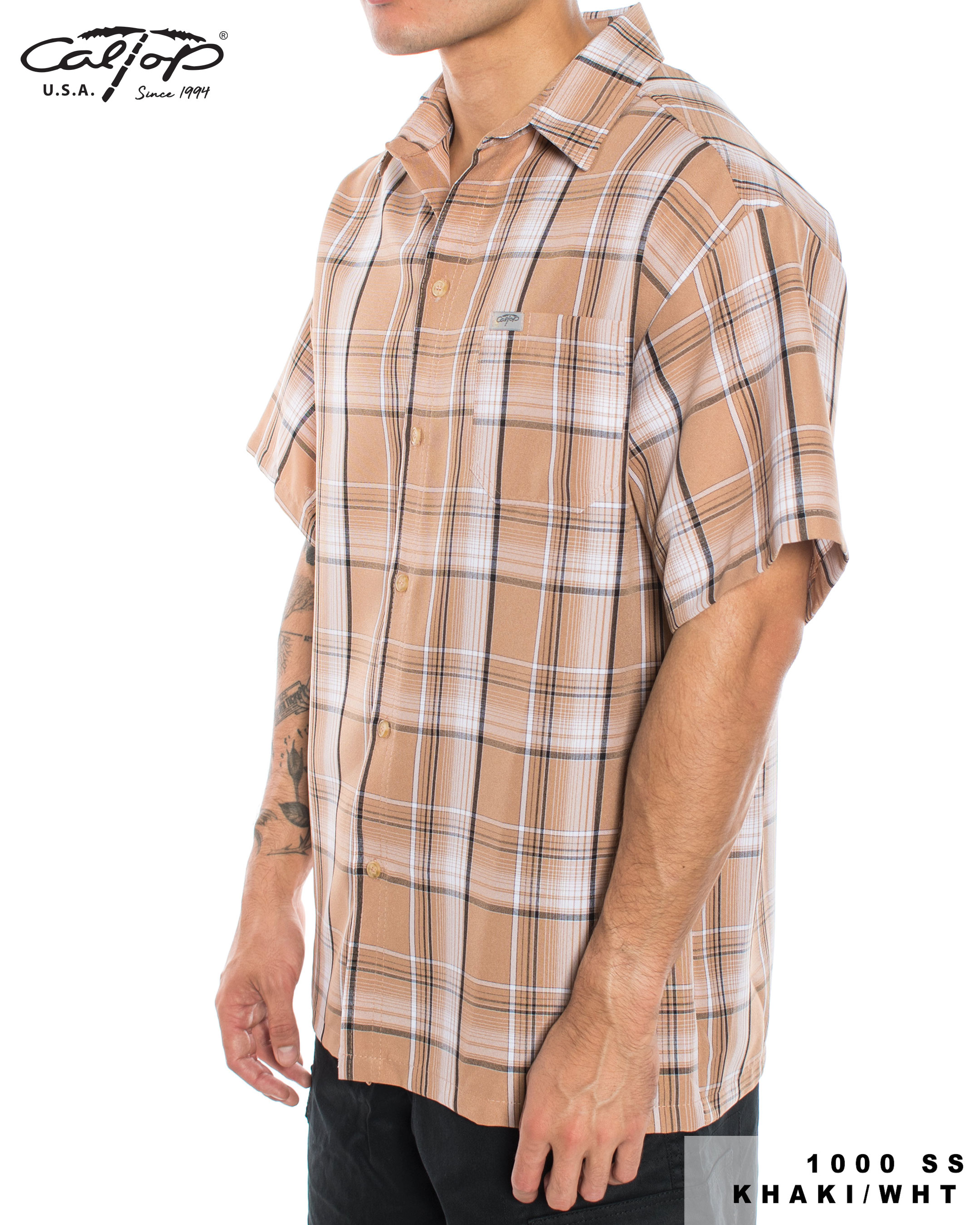 1000 Short Sleeve Plaid Color Base, Khaki, White