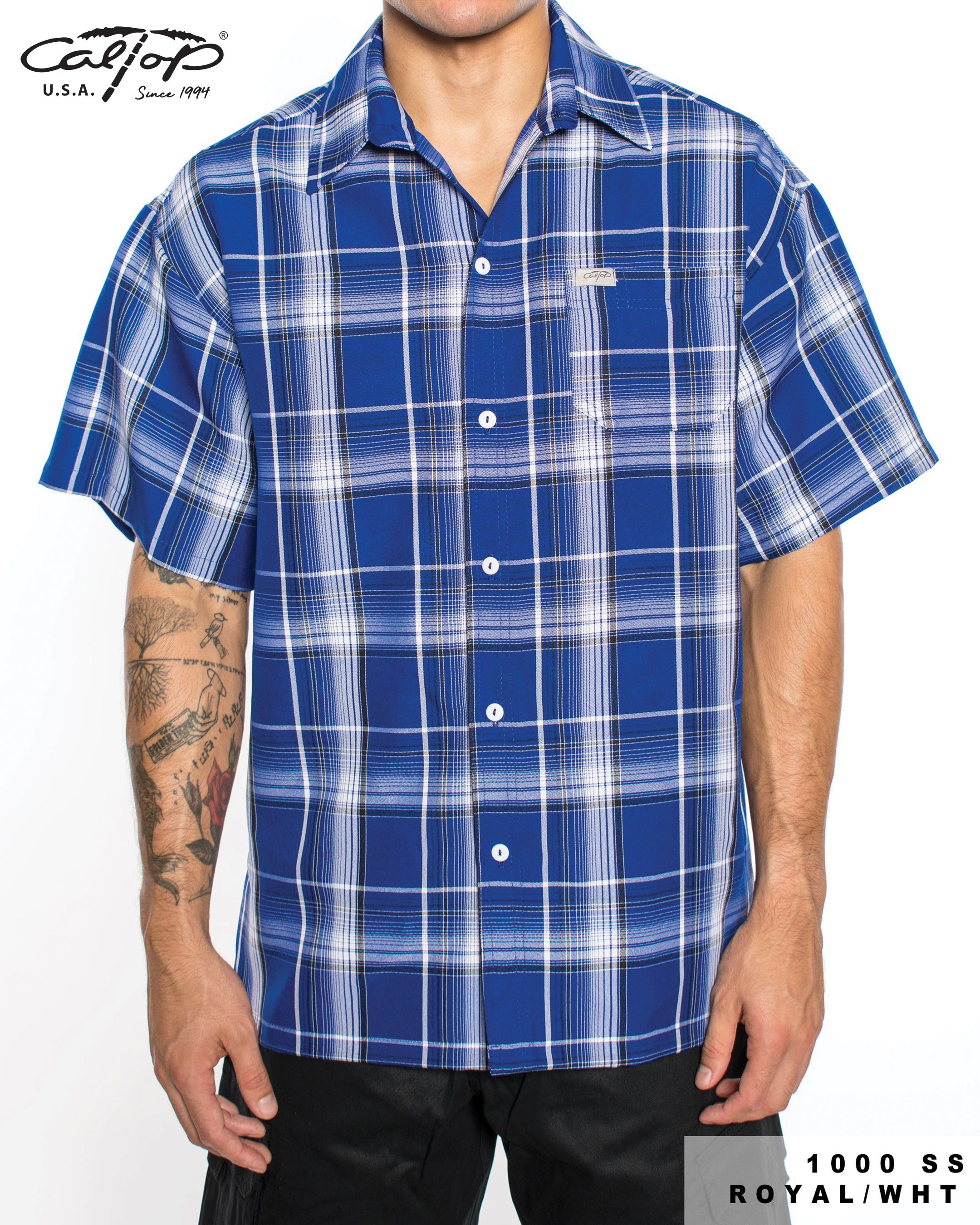 1000 Short Sleeve Plaid Color Base, Royal, White