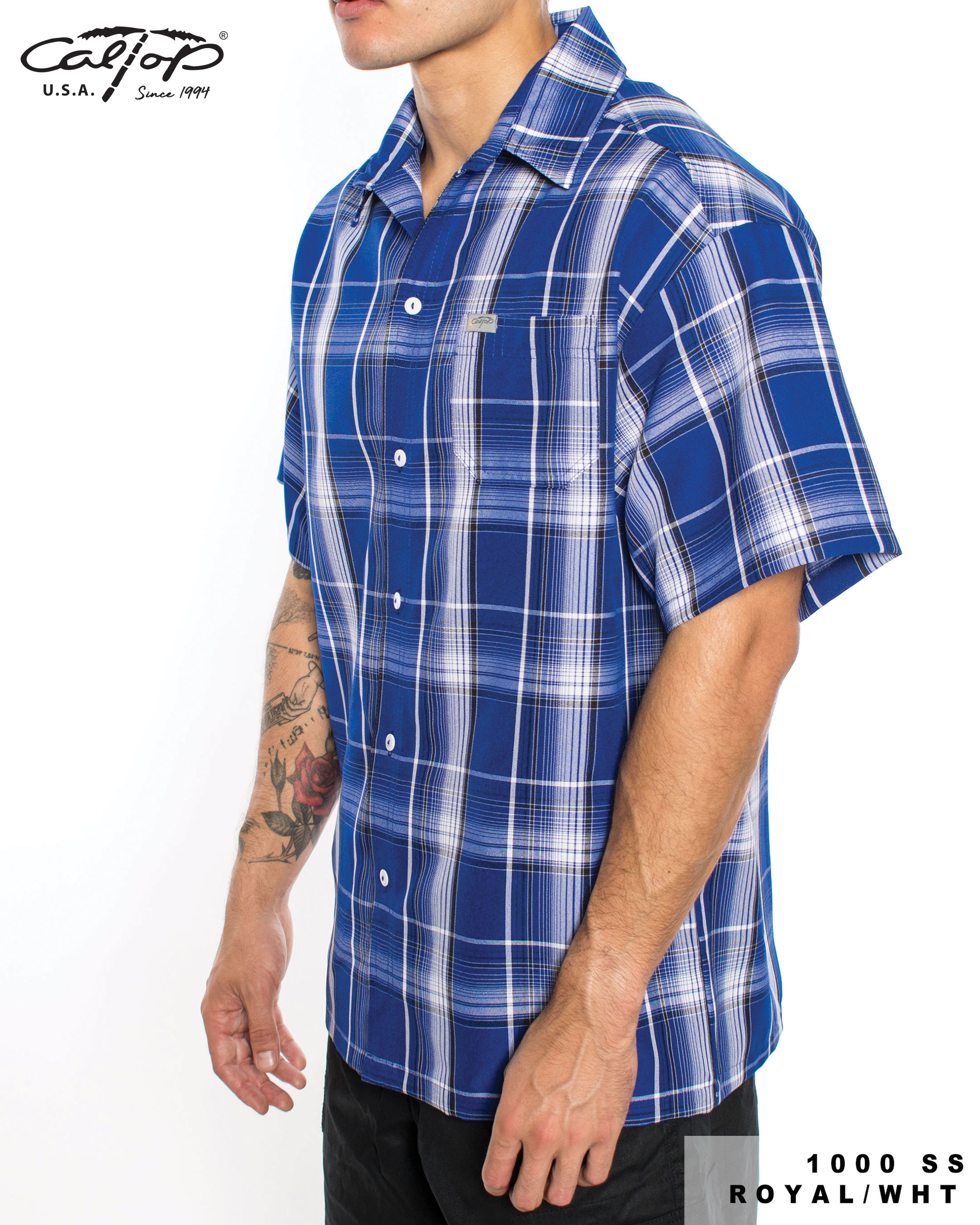 1000 Short Sleeve Plaid Color Base, Royal, White