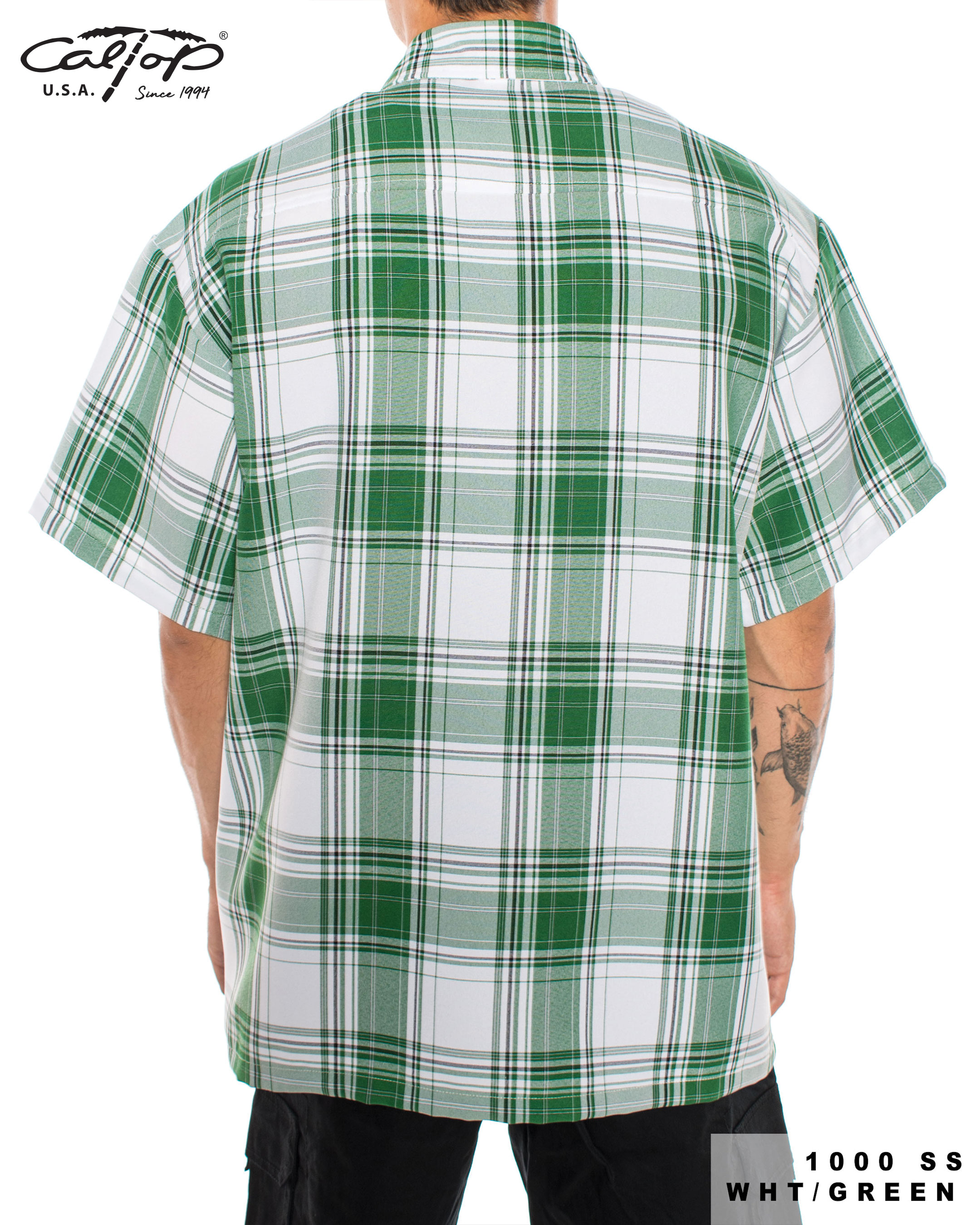 1000 Short Sleeve Plaid White Base, White, green