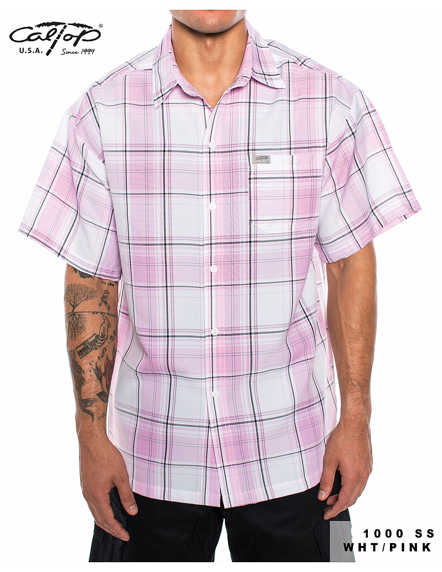 1000 Short Sleeve Plaid White Base, White. pink