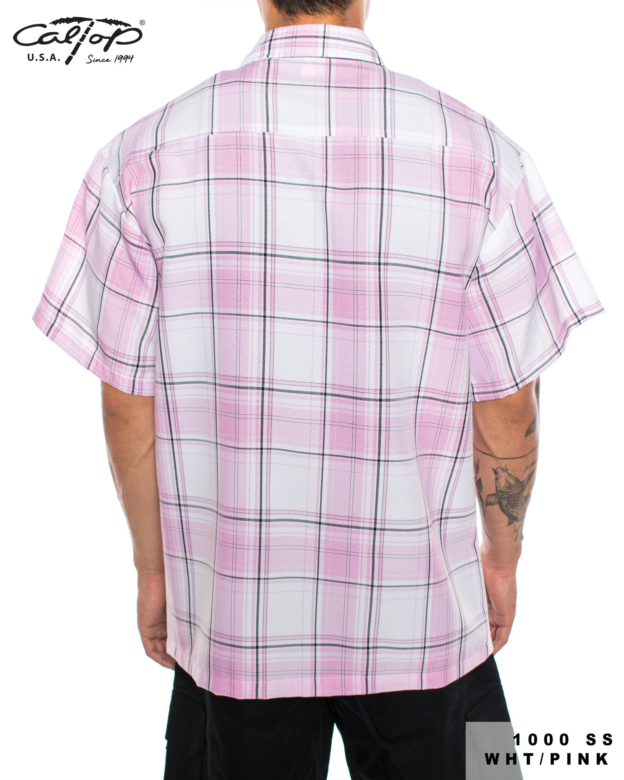 1000 Short Sleeve Plaid White Base, White. pink