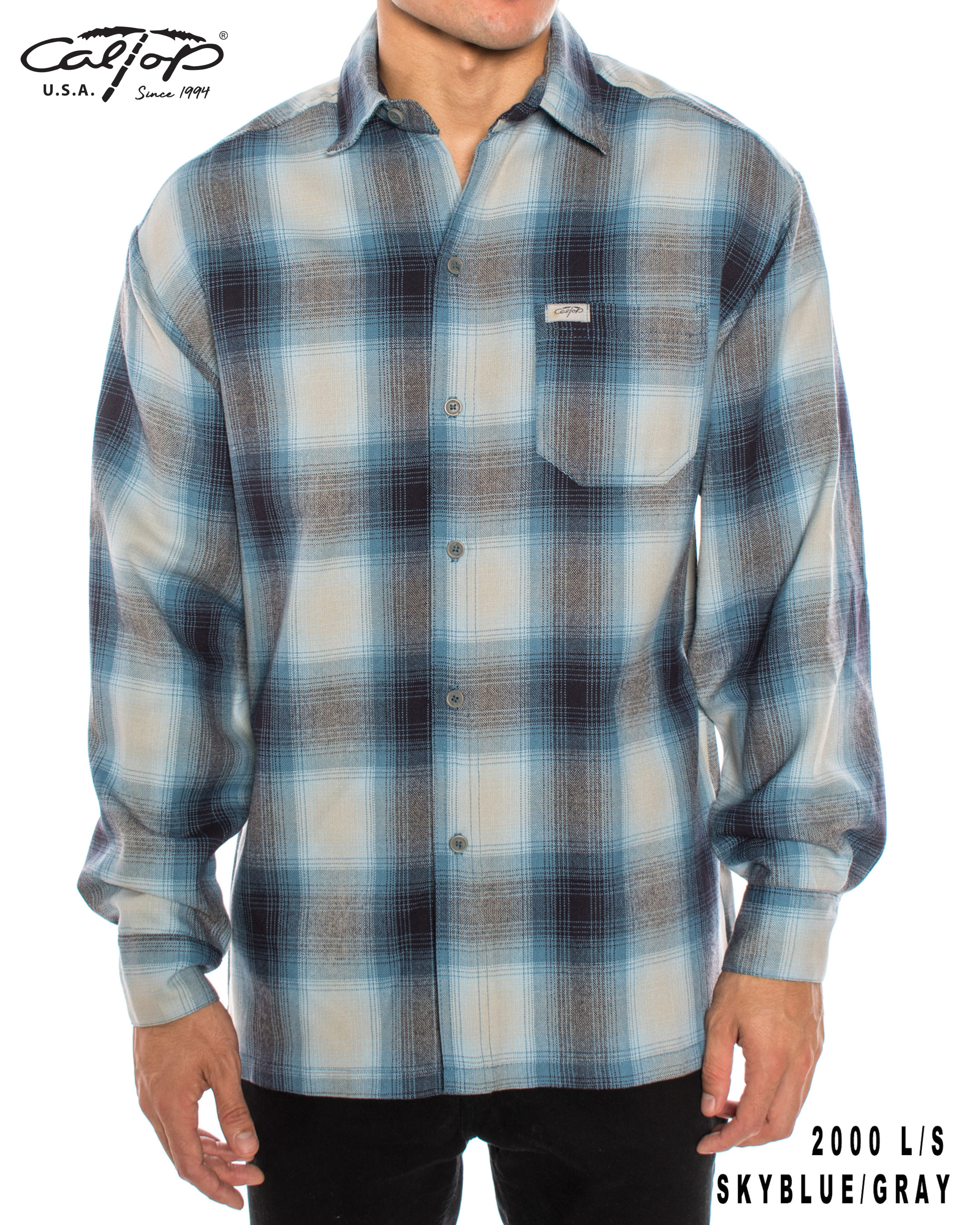 2000 Long Sleeve Plaid Color Base, Skyblue, Gray